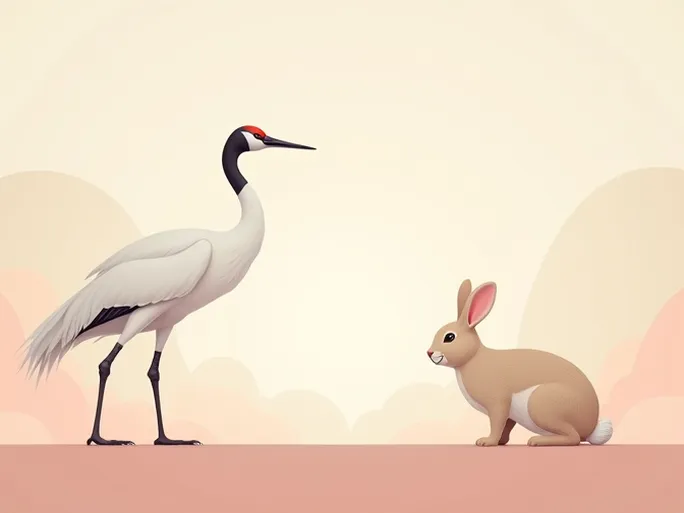 Elegant Crane and Rabbit Card Symbolizes Eastern Blessings