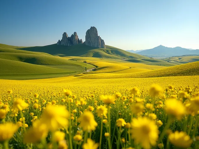 Guizhous Jinhai Snow Mountain Showcases Golden Canola Fields
